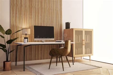 Modern Home Office Setup With Computer On Desk Wooden Chair Cabinet And Lamp In Cozy