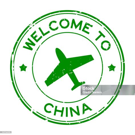 그런 지 녹색 환영 흰색 바탕에 비행기 아이콘 둥근 고무 물개 스탬프와 중국 단어에 오신 것을 환영합니다 비자에 대한 스톡 벡터 아트 및 기타 이미지 Istock