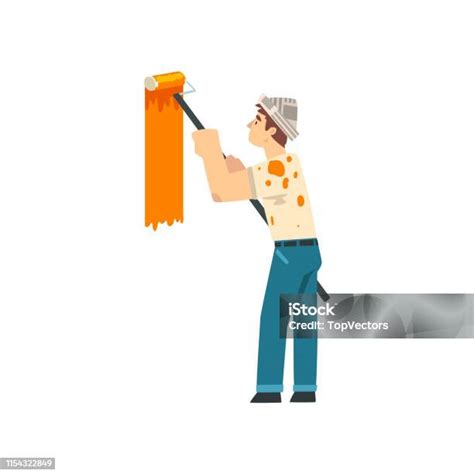 직업적인 장비 벡터 일러스트 레이 션을 가진 종이 모자에 있는 롤러 남성 건설 노동자 문자를 가진 화가 회화 벽 개념에 대한 스톡 벡터 아트 및 기타 이미지 Istock