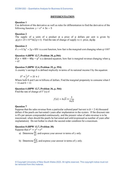 Differentiation Extra Tutorial Econ1202 Quantitative Analysis For Business And Economics