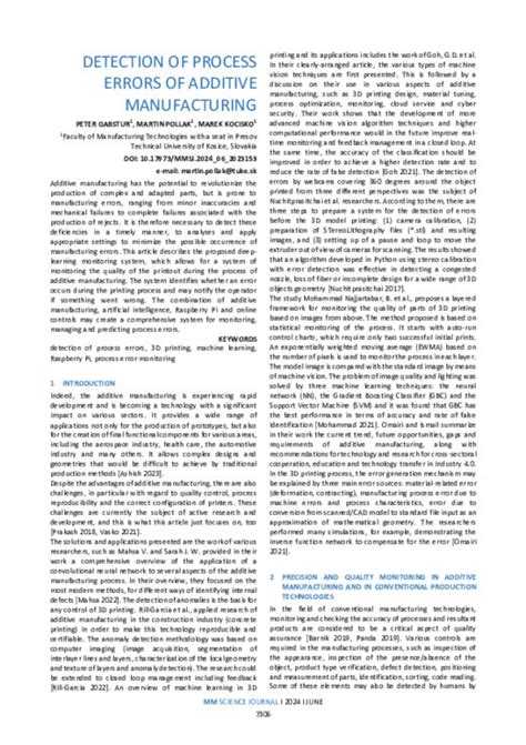 Detection Of Process Errors Of Additive Manufacturing Mm Science Journal