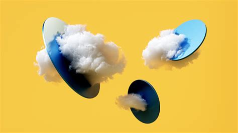 3d 렌더링 흰색 구름이 파란색 둥근 모양 현대적인 최소한의 개념 벽지 안에 갇혀 추상노란색 배경 3차원 형태에 대한 스톡 사진