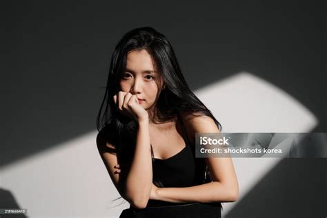 빛과 그림자의 배경을 배경으로 촬영된 검은 드레스를 입은 젊은 여성의 세련된 초상화 20 29세에 대한 스톡 사진 및 기타 이미지 20 29세 25 29세 30 39