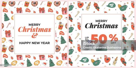 메리 크리스마스와 새해 복 많이 받으세요 인사말 카드 템플릿 및 특별 행사 트렌디하고 그루비한 스타일의 장난기 많고 건방진 캐릭터 벡터 일러스트 세트 12월에 대한 스톡
