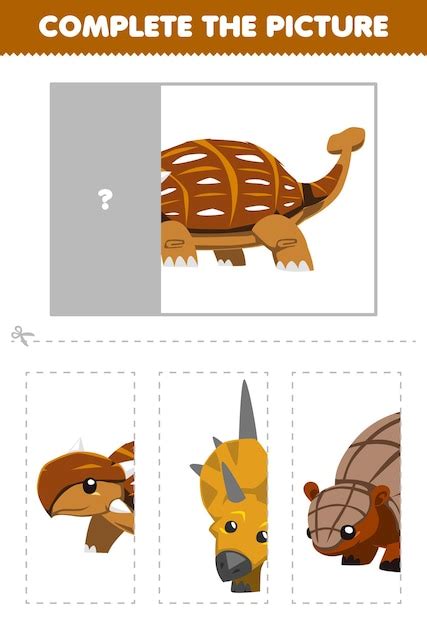 어린이를 위한 교육 게임은 귀여운 만화 안킬로사우루스 인쇄 가능한 선사 시대 공룡 워크시트의 올바른 그림을 자르고 완성합니다 프리미엄 벡터