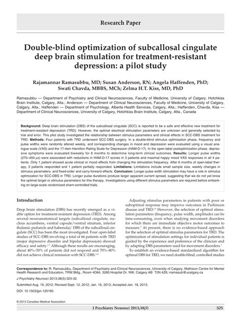 Pdf Double Blind Optimization Of Subcallosal Cingulate Deep Brain Stimulation For Treatment