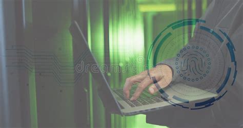 Image Of Data Processing Over Hands Using Laptop In Server Room Stock Illustration