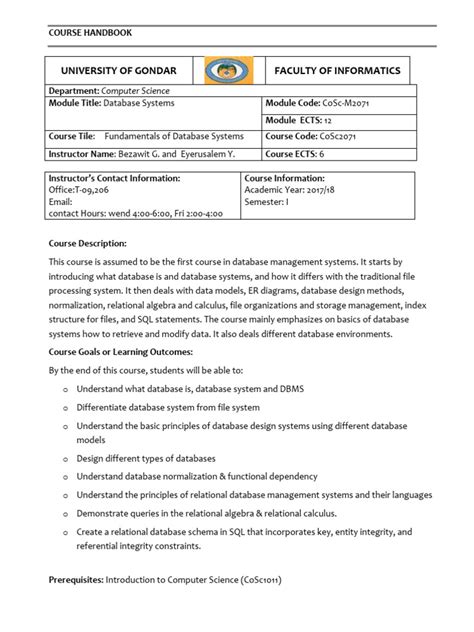 Course Outline Pdf Databases Relational Database