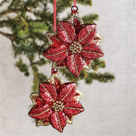 Glittered Poinsettia Christmas Ornaments Set Of 2 Gumps