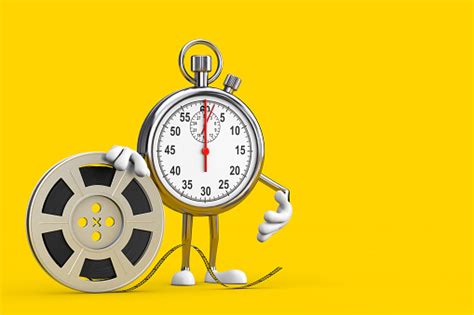 현대 스톱워치 만화 사람 캐릭터 마스코트 필름 릴 시네마 테이프 3d 렌더링 3차원 형태에 대한 스톡 사진 및 기타 이미지 3차원 형태 기민 노랑 Istock