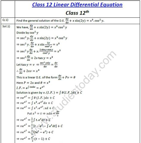 Cbse Class 12 Mathematics Linear Differential Equations Worksheet Worksheets Library