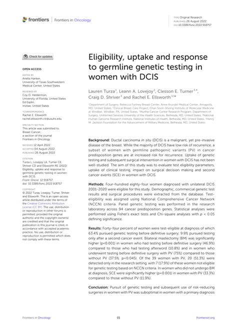 Pdf Eligibility Uptake And Response To Germline Genetic Testing In Women With Dcis