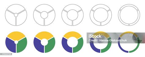 바퀴는 둥글게 나뉘어 세 부분으로 나뉩니다 다이어그램 인포 그래픽 세트 원 단면 그래프 아트입니다 원형 차트 아이콘 도넛 여러 가지 색상의 차트 파이는 3개의 동일한