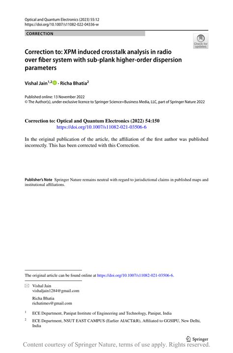 Correction To Xpm Induced Crosstalk Analysis In Radio Over Fiber System With Sub‑plank Higher