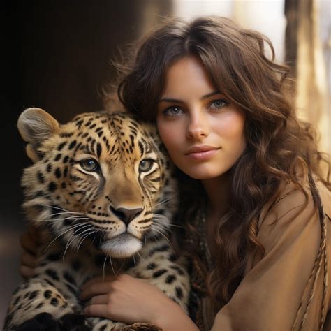Premium Photo A Young Woman Posing With Her Leopard Pet Both Are