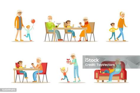 할머니는 손주들과 함께 걷고 차를 마시고 선물 상자를 주고 소파 벡터 세트에서 휴식을 취하며 시간을 보낸다 마시기에 대한 스톡 벡터 아트 및 기타 이미지 Istock