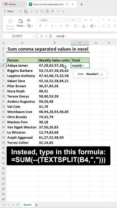 sum formula for comma values in excel exceltutorial exceltricks excelshorts learnexcel