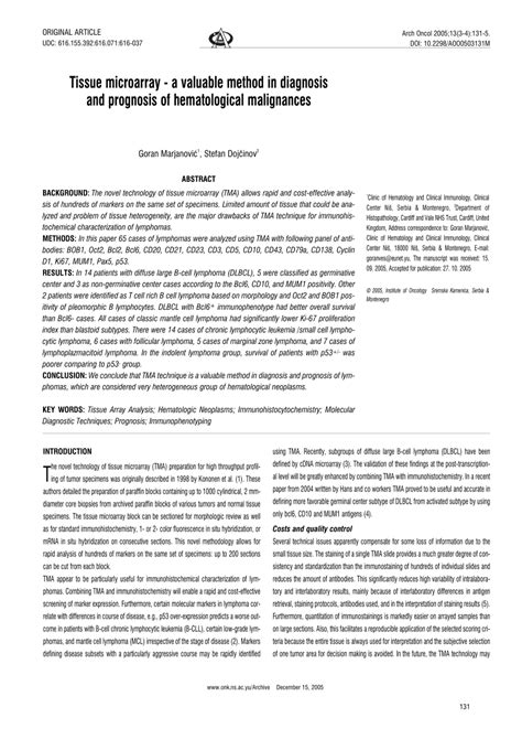 Pdf Tissue Microarray A Valuable Method In Diagnosis And Prognosis