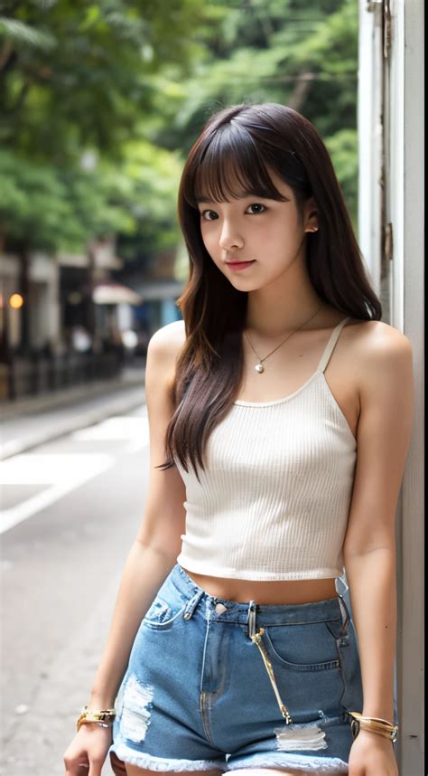 Arafed Asian Woman In A White Top And Blue Shorts Seaart Ai