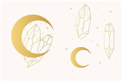 크리스탈과 별이있는 황금 천상의 달 실루엣 손으로 그린 신비로운 고립 세트 요술에 대한 벡터 일러스트레이션 0명에 대한 스톡 벡터 아트 및 기타 이미지 Istock