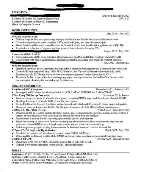 Resume For Upcoming Graduate For Embeddedfpga Roles Rembedded