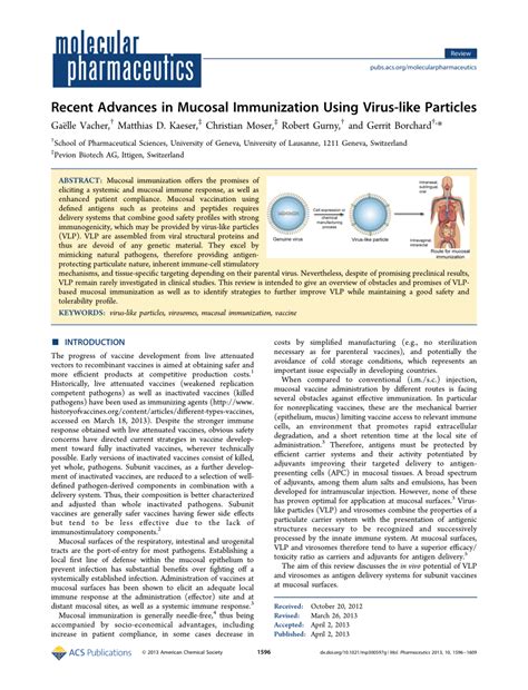 Pdf Recent Advances In Mucosal Immunization Using Virus Like Particles