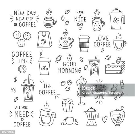 커피 낙서 편집 가능한 획 차 뜨거운 음료 손으로 그린 스케치를 간략하게 설명합니다 귀여운 글자가 있는 커피 한 잔 라인 아트
