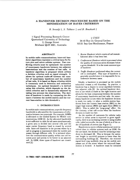 Pdf A Handover Decision Procedure Based On The Minimization Of Bayes Criterion