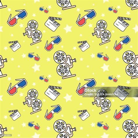 화려한 영화 디자인 요소와 영화 아이콘의 원활한 패턴 빈티지 스타일의 필름 기호와 배경입니다 3d 안경 클래퍼 필름 카메라와 손으로 그린 영화 패턴 장식 벽지 0명에 대한