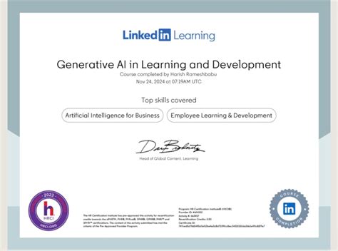 My Certificate From Linkedin Course Generative Ai In Learning And Harish Rameshbabu