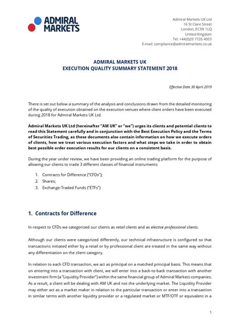 Admiral Markets Uk Execution Quality Summary Statement 2018 1 Contracts For Difference Pdf