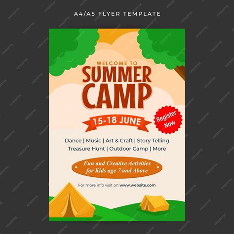 어린이 여름 캠프 전단지 서식 파일의 벡터 그림 프리미엄 벡터