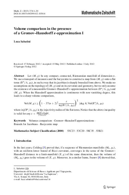 Pdf Volume Comparison In The Presence Of A Gromov Hausdorff E Approximation I