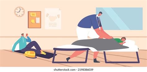 Volunteer Care Refugees Shelter Characters Survive Stock Vector