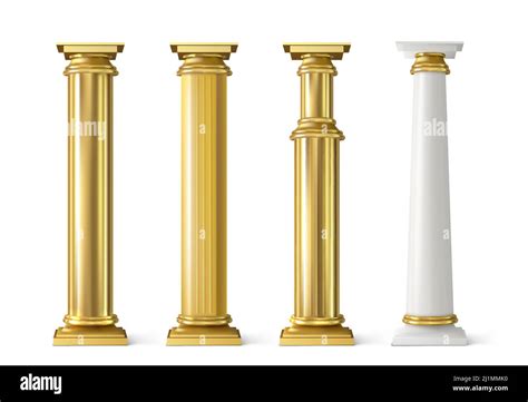 Antique Gold Pillars Set Ancient Columns With Golden Decorative Texture Isolated On White