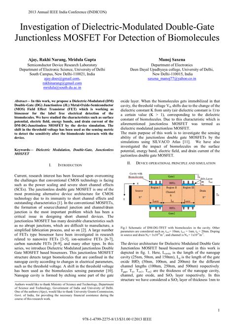 Pdf Investigation Of Dielectric Modulated Double Gate Junctionless Mosfet For Detection Of