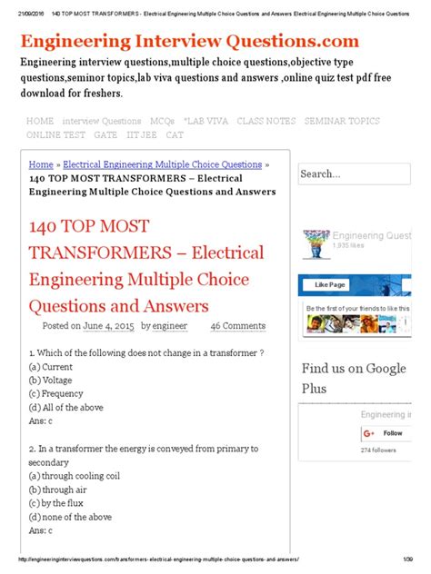 140 Top Most Transformers Electrical Engineering Multiple Choice Questions And Answers