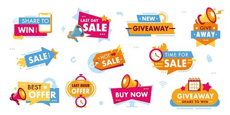 확성기 레이블 확성기로 발표합니다 최고의 제안이 있는 배너 커뮤니케이션 배지 판매 프로모션 스티커 마케팅 확성기 할인 말풍선 벡터 세트 개체 그룹에 대한 스톡 벡터 아트 및