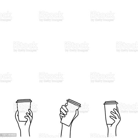 손으로 그린 낙서 스케치 벡터 일러스트레이션의 다양한 남성과 여성 손의 측면 보기에서 커피 또는 차 일회용 종이 컵을 이동 합니다 흰색 배경에 격리 개념에 대한 스톡 벡터