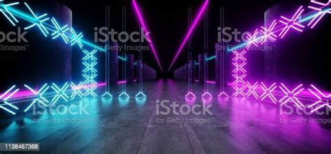 공상 과학 소설 아스팔트 미래 무용 무대 빈 금속 건축 구조 터널 지 하 쇼 네온 빛나는 레이저 Led 활기찬 자주색 파란 그런 지 구체적인 가상 3d 렌더링 네온에 대한