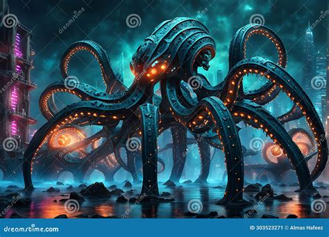 Futuristic Ai Kraken Robot Tentacles With Advanced Technology Central Core Emitting A Menacing