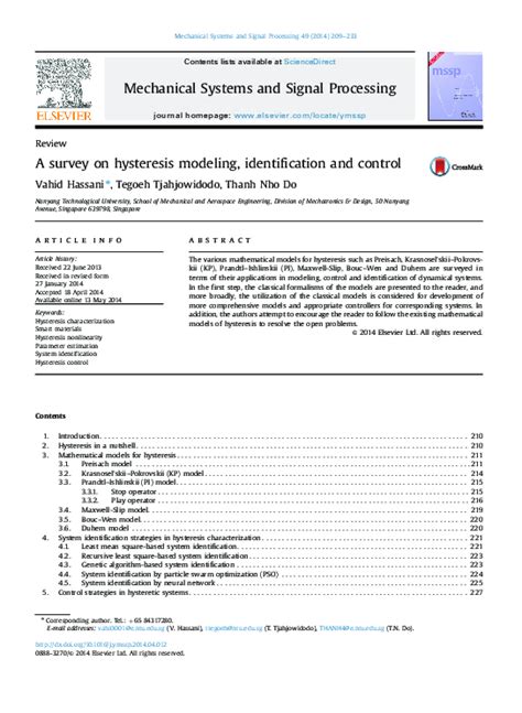 Pdf A Survey On Hysteresis Modeling Identification And Control