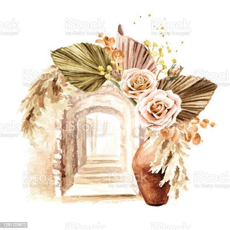 지중해 북아프리카 또는 모로코 건축의 요소와 말린 장미 꽃과 야자수 잎의 보호 꽃다발 흰색 배경에 고립 된 손으로 그린 수채화 그림 0명에 대한 스톡 벡터 아트 및 기타
