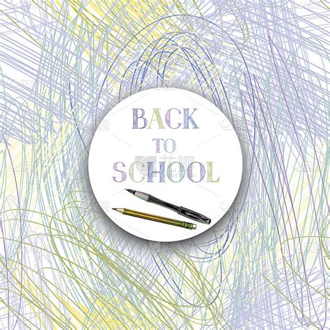 回到学校的标志。笔，手写字母，儿童艺术图案