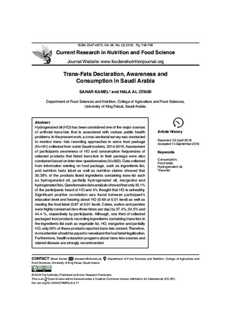 Pdf Trans Fats Declaration Awareness And Consumption In Saudi Arabia