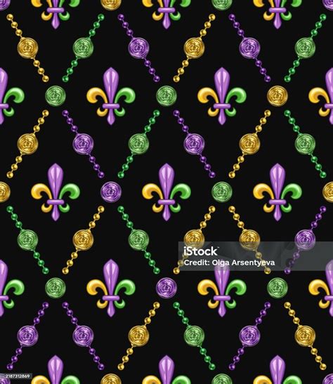 마디 그라 기하학적 어두운 패턴입니다 다채로운 동전으로 만든 대각선 마름모 그리드 그리드 셀 중앙에 있는 Fleur De Lis 기호 빈티지 스타일 일러스트 레이 션