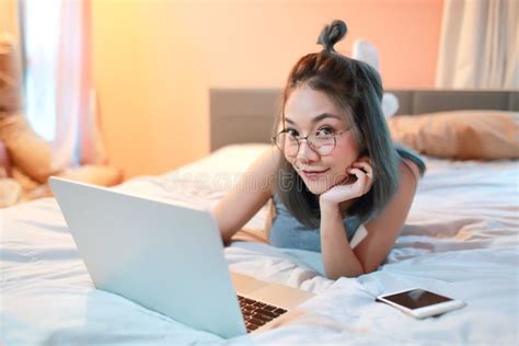 Beautiful And Woman Using Laptop Computer Before Go To Sleep Stock Photo Image Of Computer