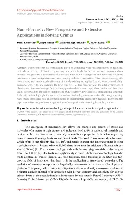 Pdf Nano Forensic New Perspective And Extensive Applications In Solving Crimes