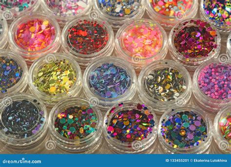 Multi Colored Sequins For The Design Of Nails In A Jar Glitter Stock