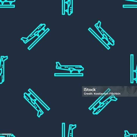 녹색 라인 평면 아이콘 은 파란색 배경에 원활한 패턴을 격리 비행 비행기 아이콘 여객기 기호 벡터 개념에 대한 스톡 벡터 아트 및 기타 이미지 Istock